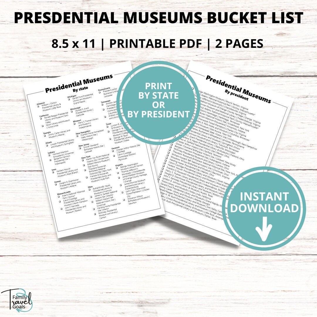Presidential Museums Checklist, Printable Bucket List, Vacation Tracker ...