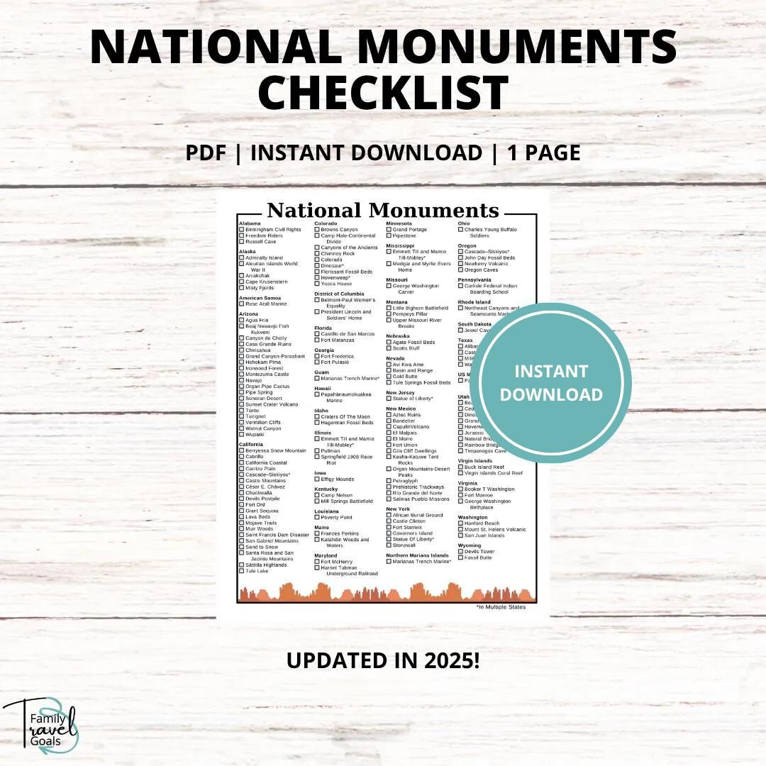 National Monuments Checklist – Printable U.S. Travel Bucket List to ...
