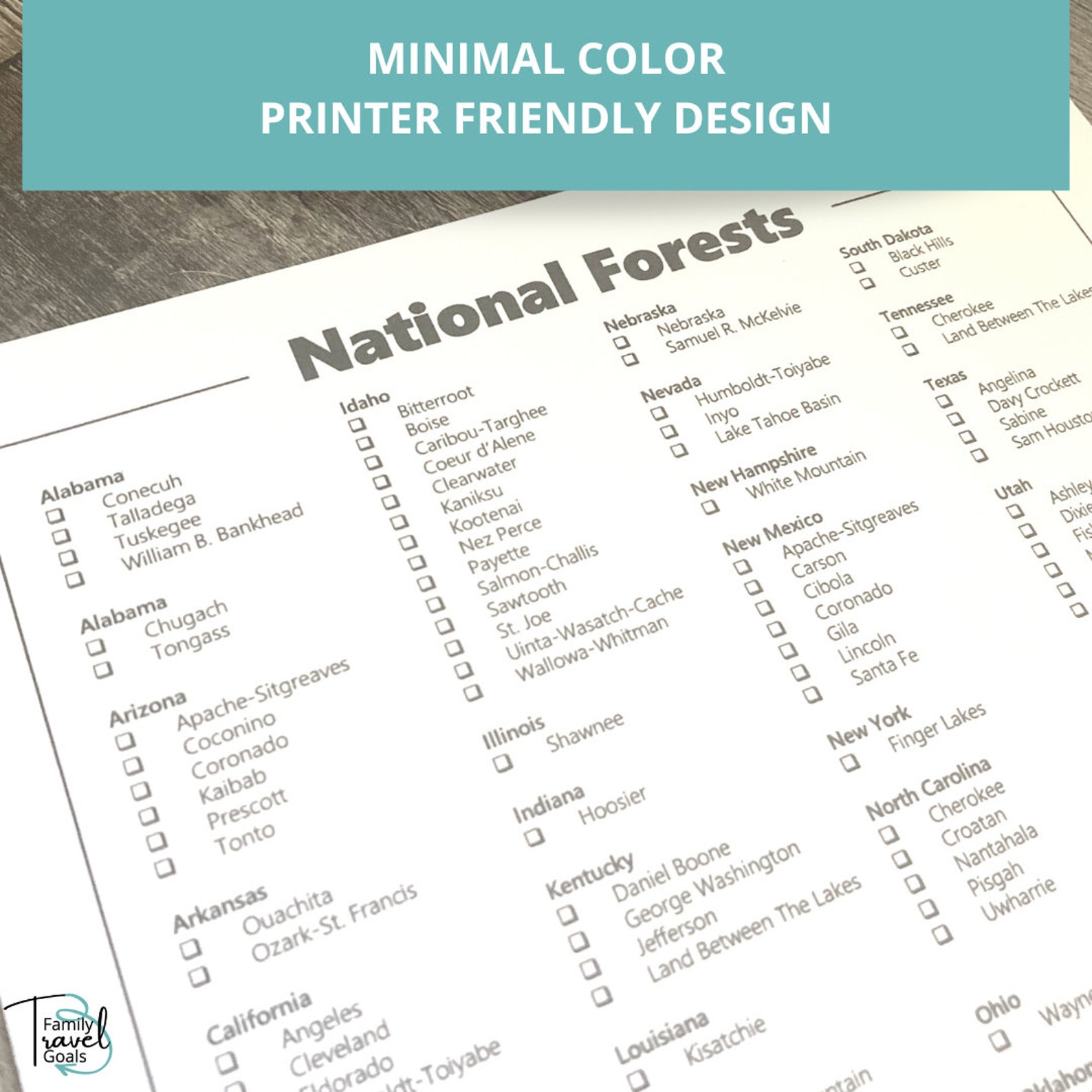 US National Forest Checklist, Printable Bucket List, Vacation Tracker ...