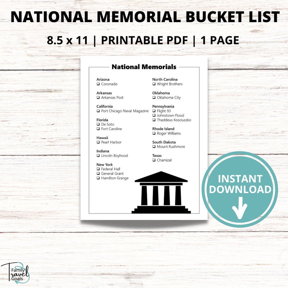 US National Memorial Checklist Printable Bucket List - Etsy