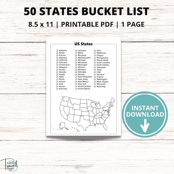United States Bucket List Printable USA Bucket List 50 - Etsy