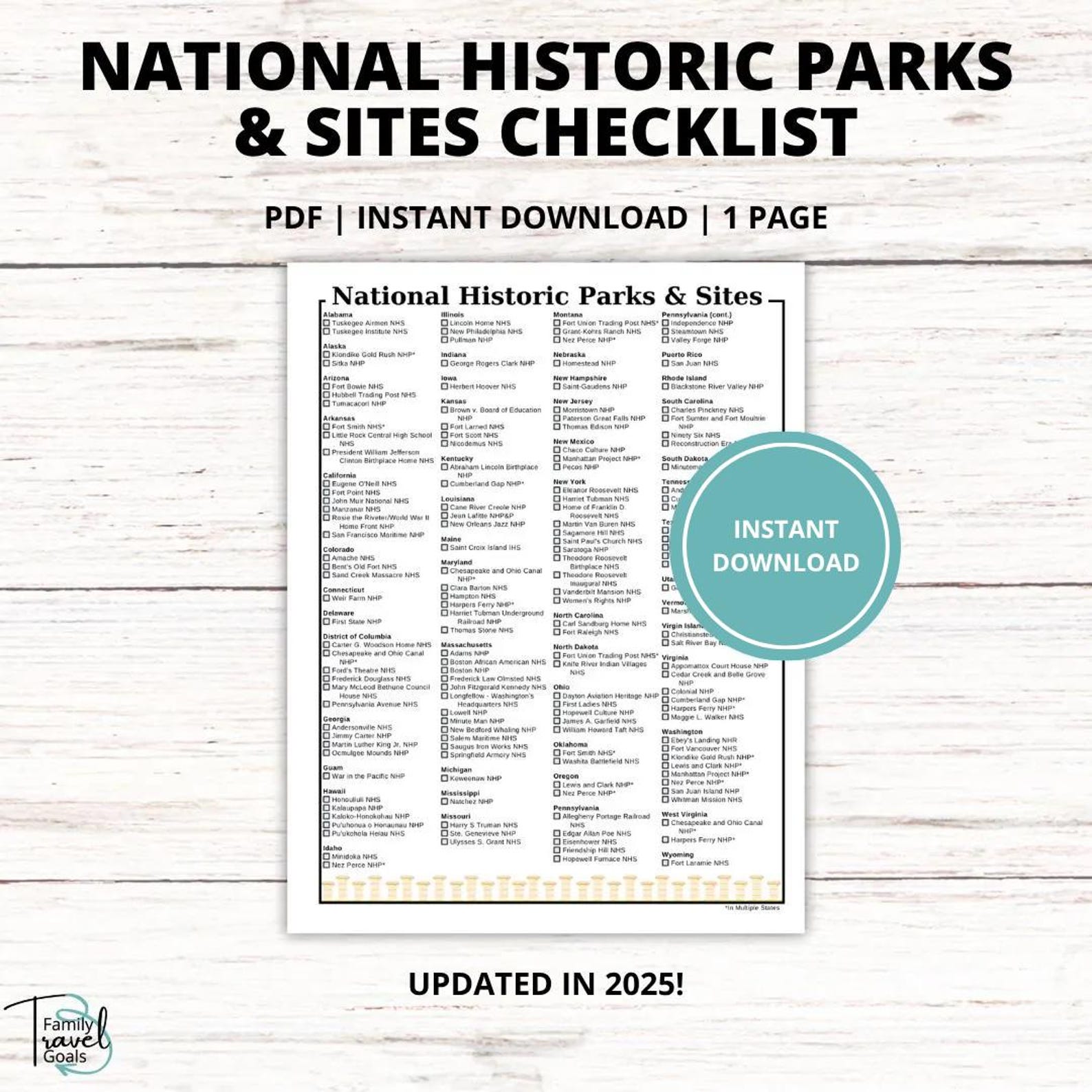 National Historic Parks & Sites Checklist – Printable USA Travel ...