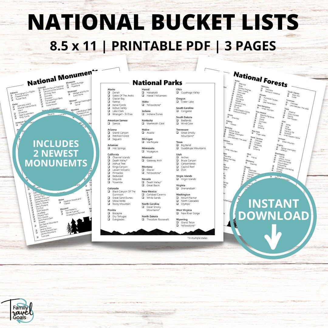 US National Checklists-updated in 2023-printable Bucket List, Parks ...