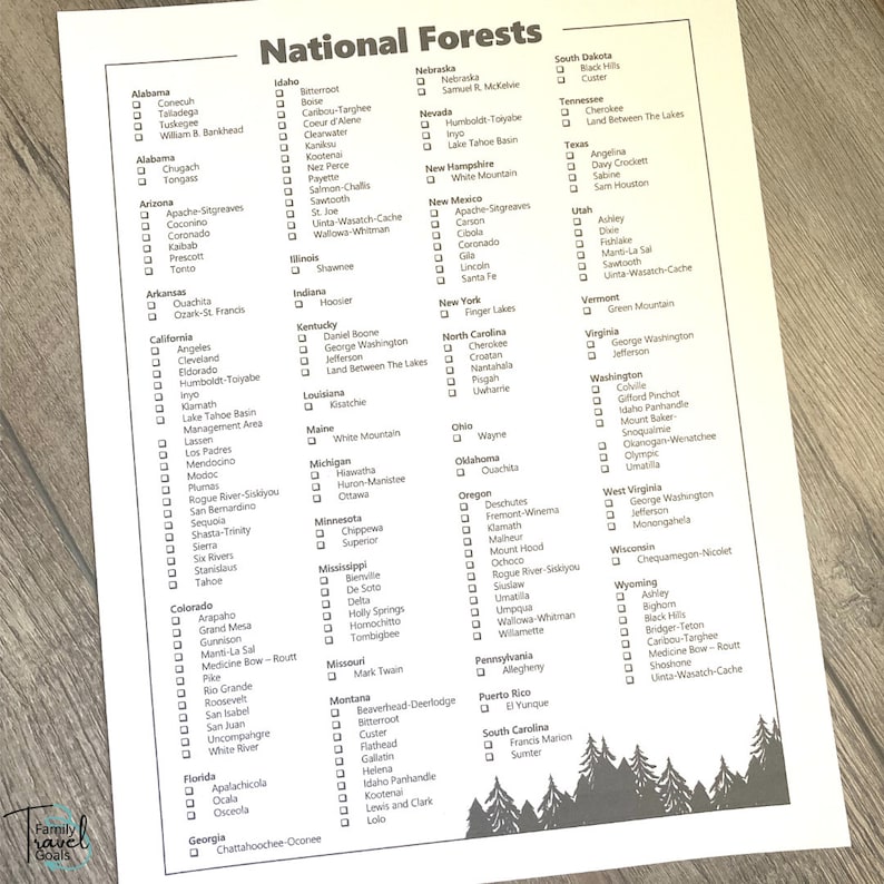 US National Forest Checklist, Printable Bucket List, Vacation Tracker ...