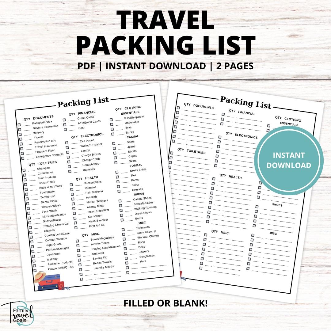 Printable Travel Packing List – 2 PDF Set - Pre-filled & Blank Versions – Vacation Prep ...