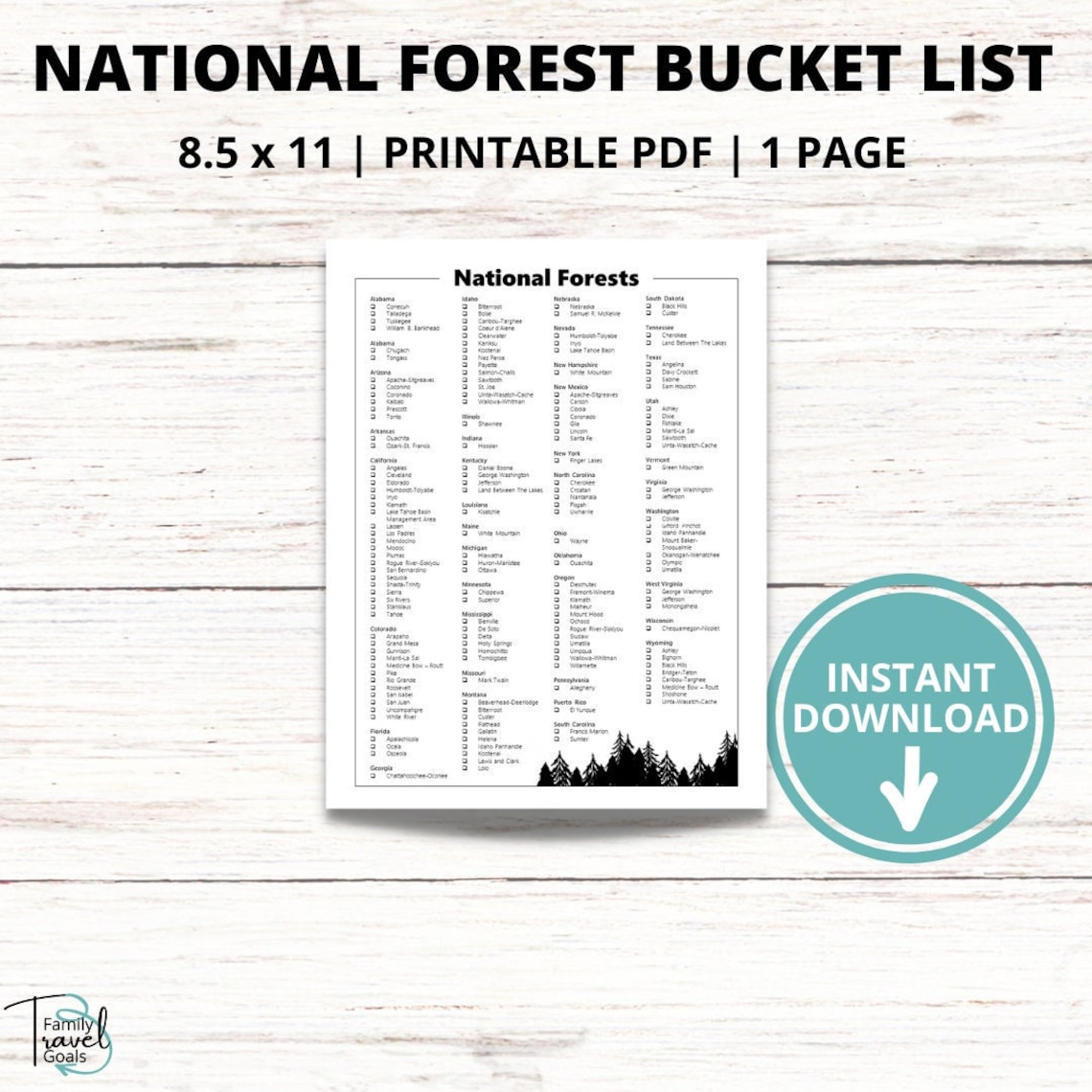 US National Forest Checklist, Printable Bucket List, Vacation Tracker ...