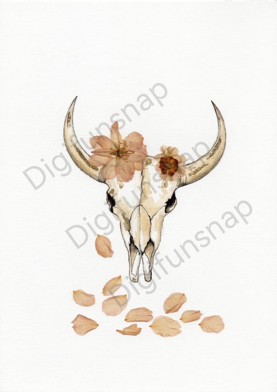 DIGITAL FILE ONLY Skull Art Taurus Skull With Flowers | Etsy