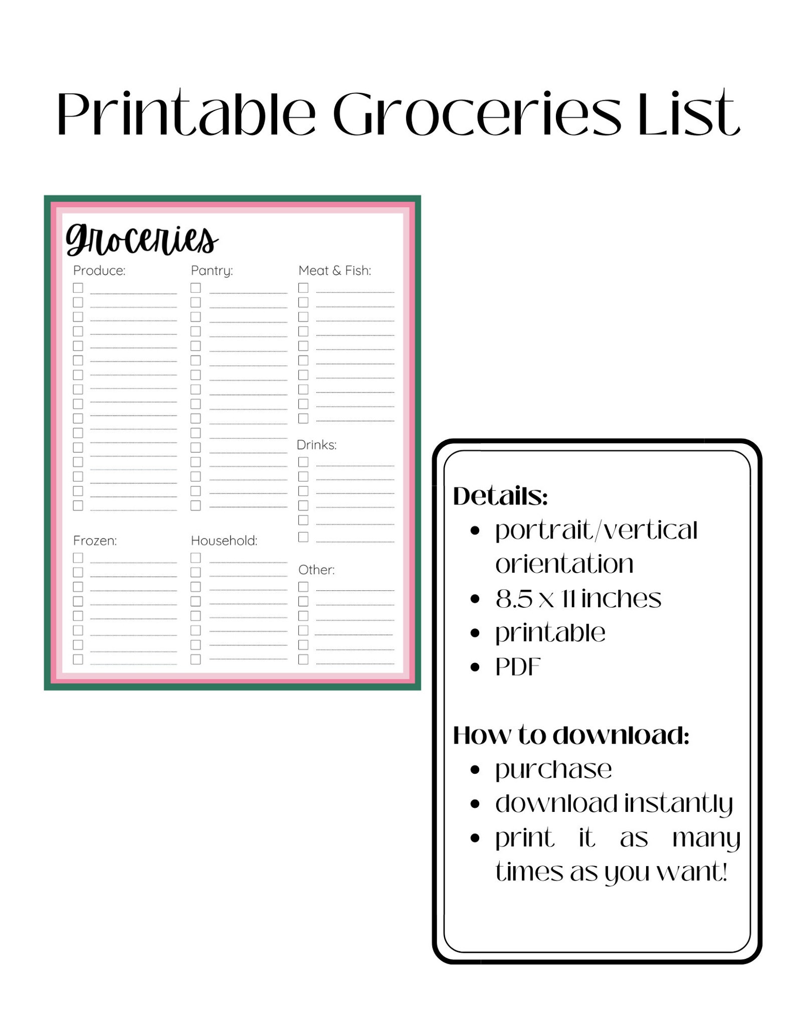Printable Grocery List Digital Download Groceries List - Etsy