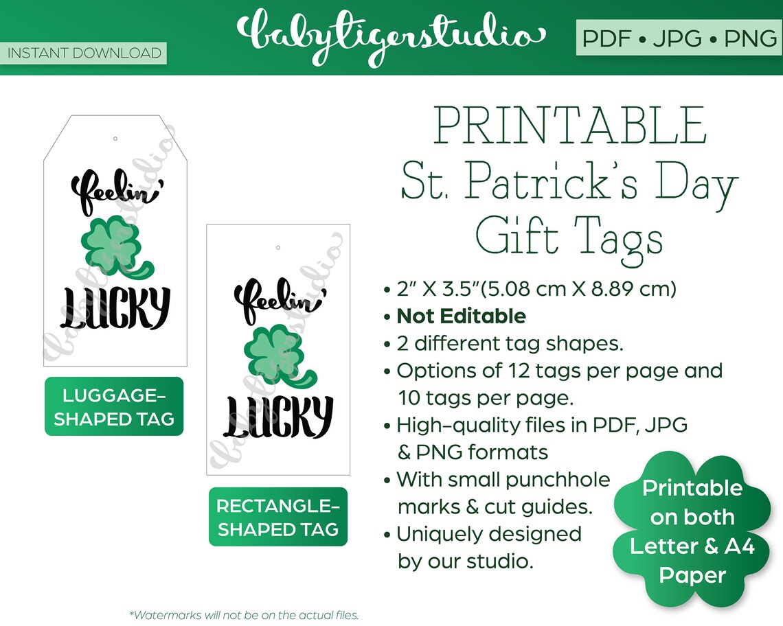 4 Leaf Clover Feelin' Lucky Printable St. Patrick's Day Gift Tags 2"x3 ...