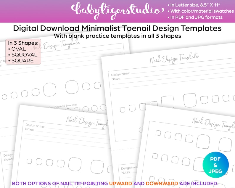 Instant Download - Printable TOENAIL Design & Practice Templates in 3 ...