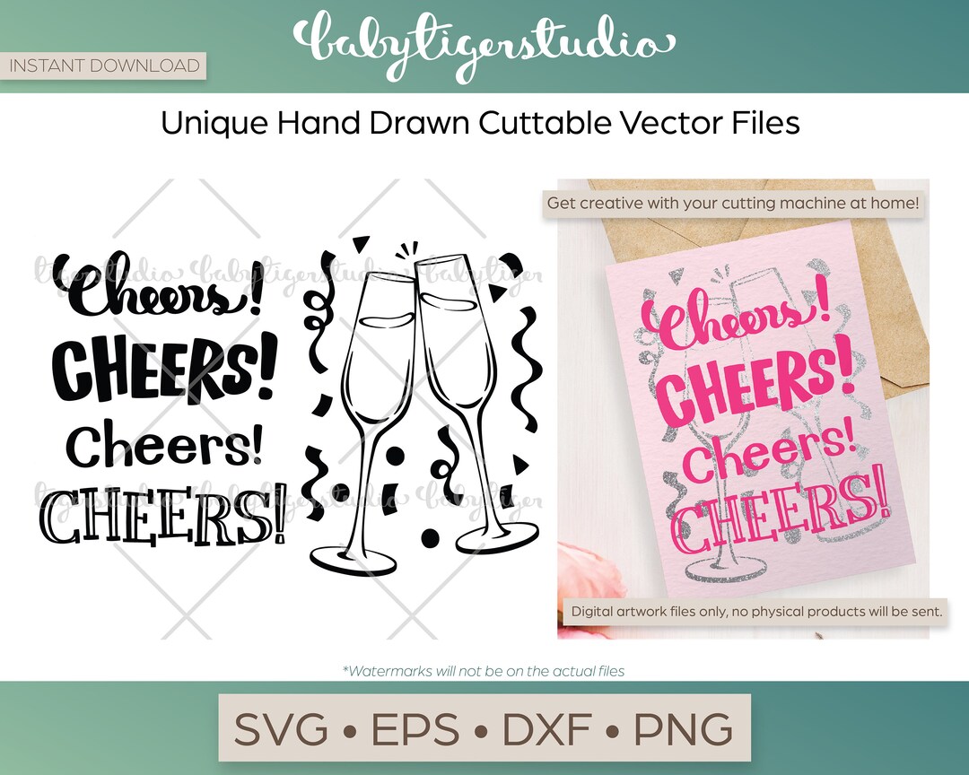 Instant Download - Unique Hand Drawn Cheers! With Champagne Glass ...