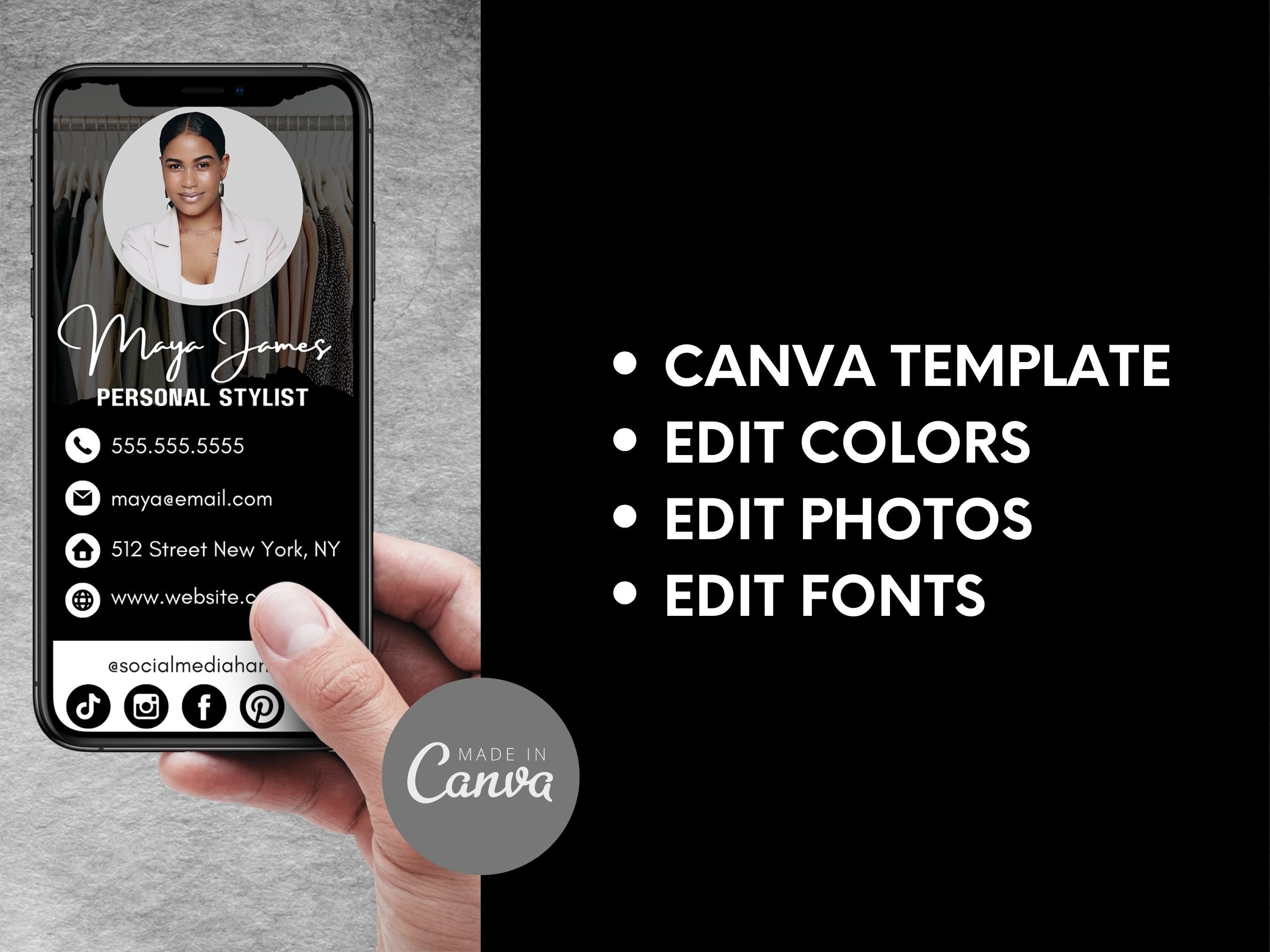 Digital Business Card Canva Template, Black and White, Clickable Links ...