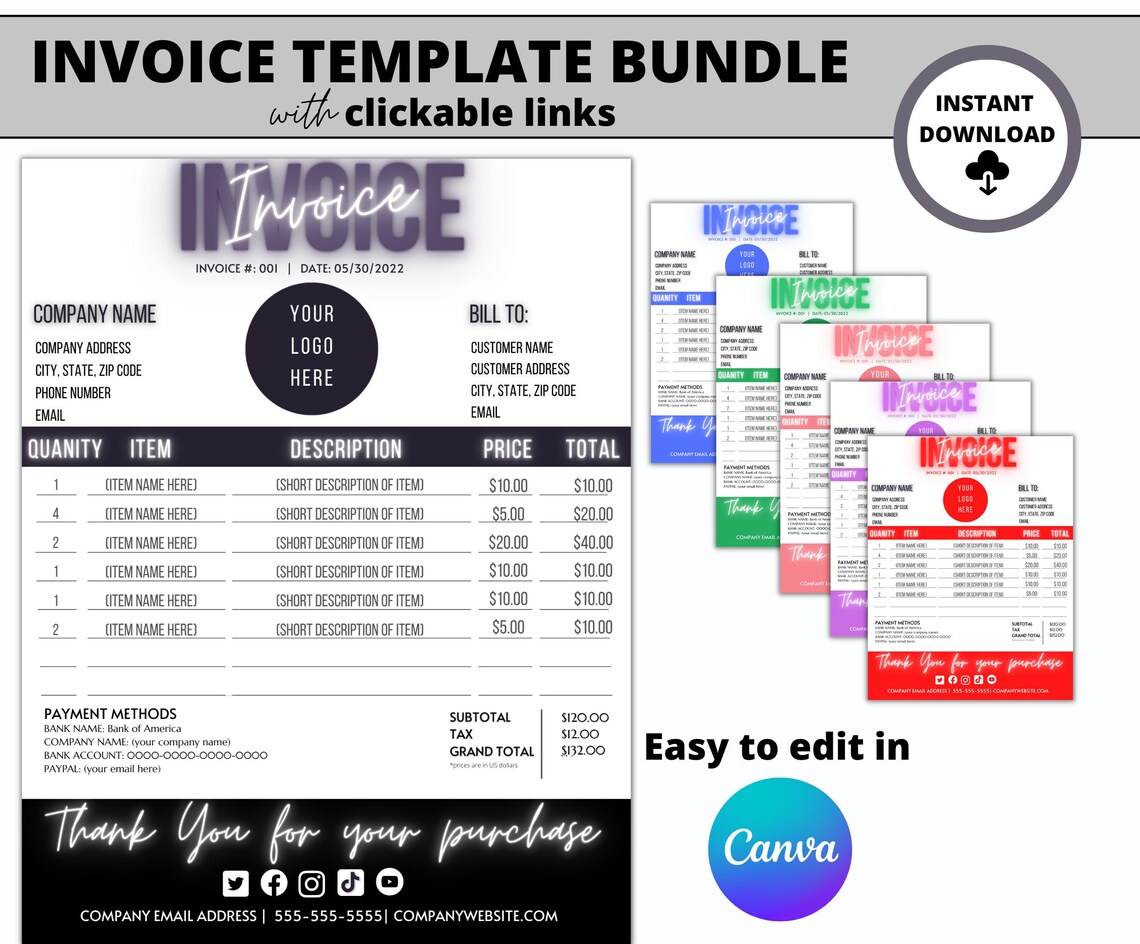 Digital Invoice Template Bundle Business Invoice Editable Invoice ...
