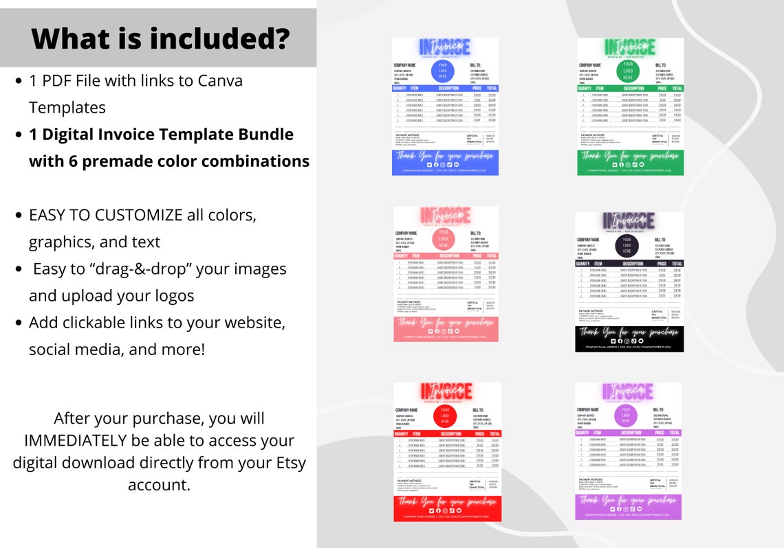 Digital Invoice Template Bundle Business Invoice Editable Invoice ...