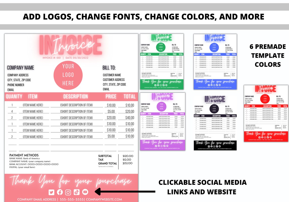 Digital Invoice Template Bundle Business Invoice Editable Invoice ...