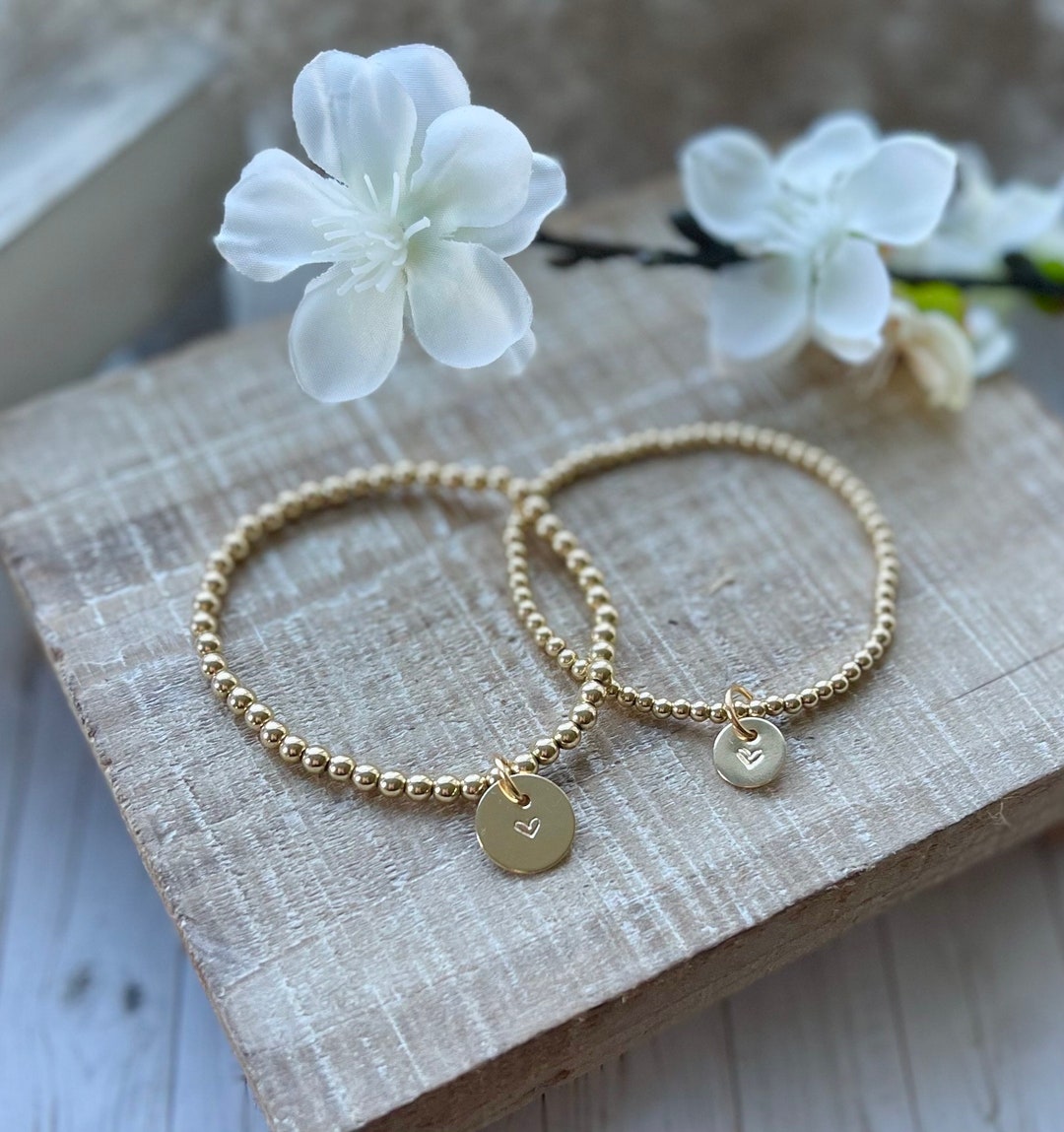 14K Gold Filled Heart Charm Bracelet: Stacking Bead Bracelet - Etsy