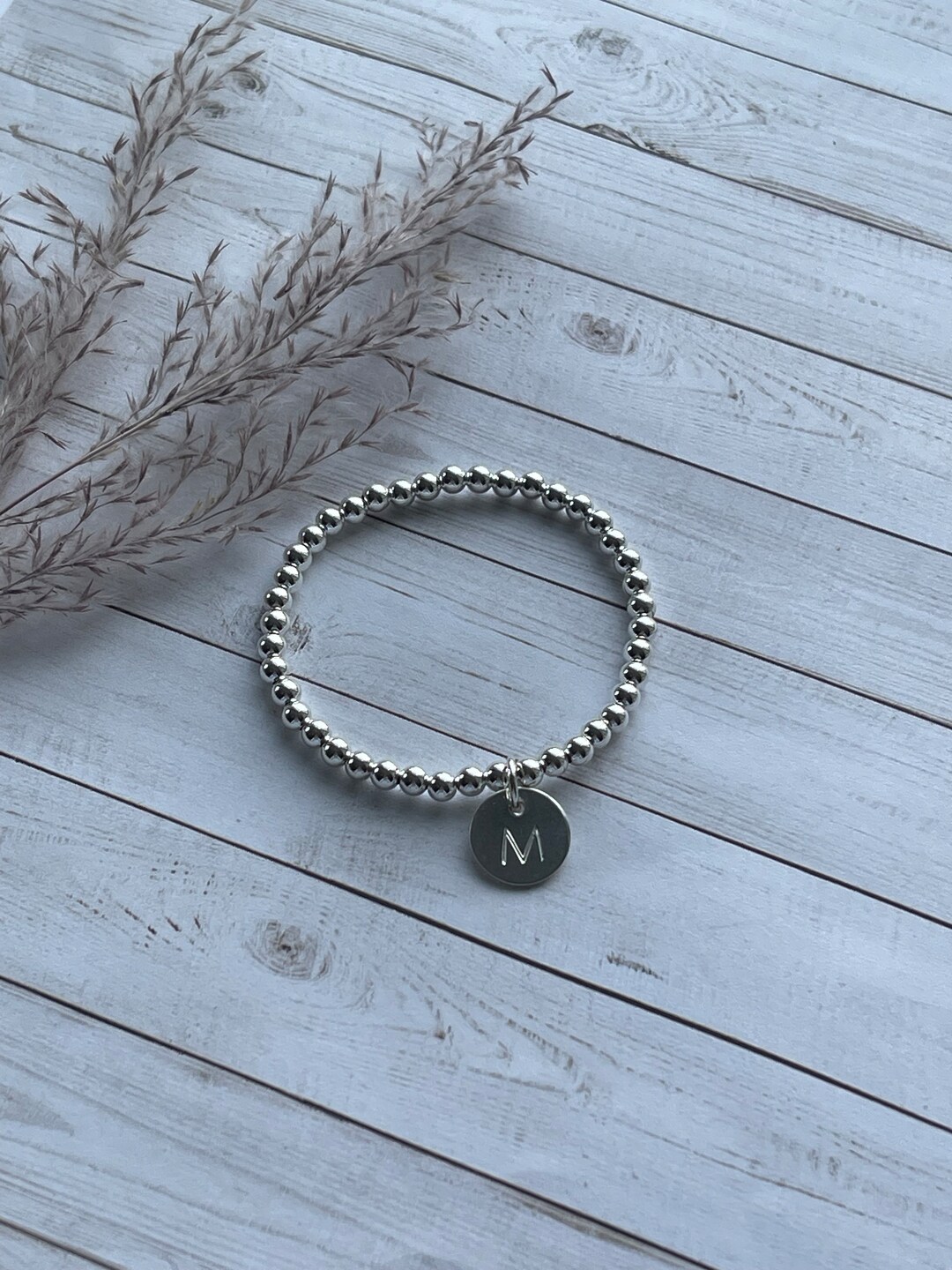Sterling Silver Initial Charm Bracelet: Personalized Beaded Stacking ...