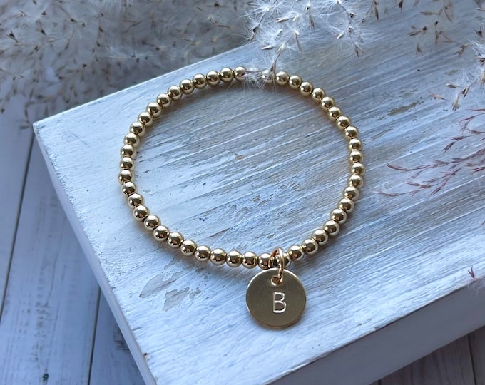 Custom Monogram Beaded Bracelet, Dainty Hand Stamped Gold Initial Charm ...