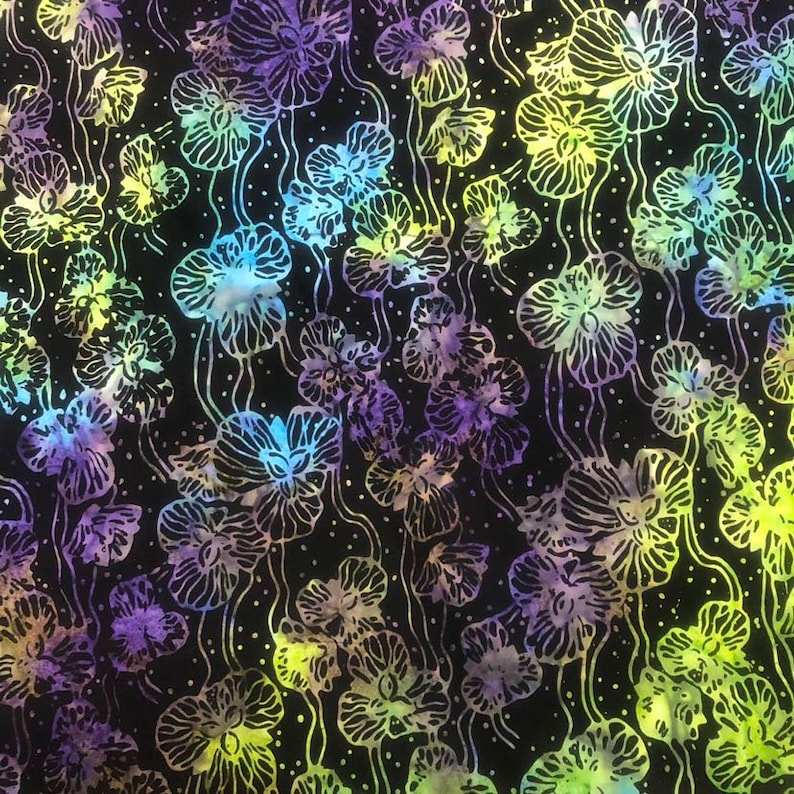 Timeless Treasures Tonga Gem Batik Neon Flowers on Black 100% Cotton ...