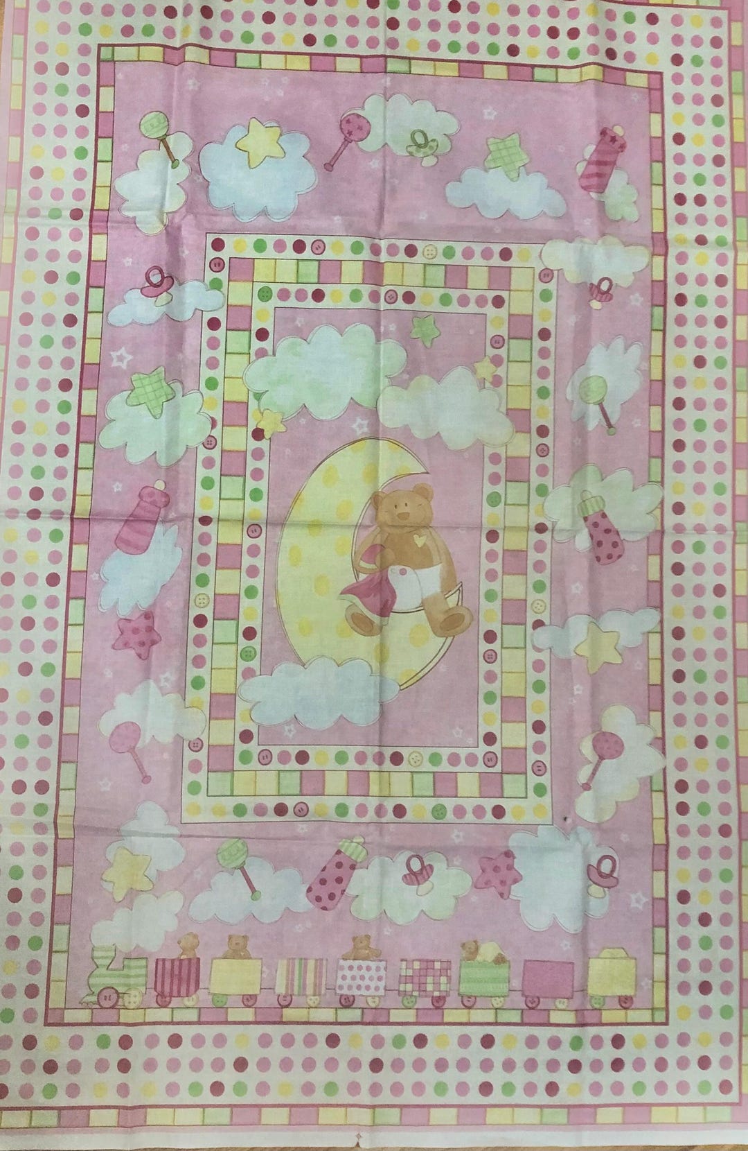 Button-up Bears Cotton Fabric Panel Pastel Pink Yellow Green Kylie ...