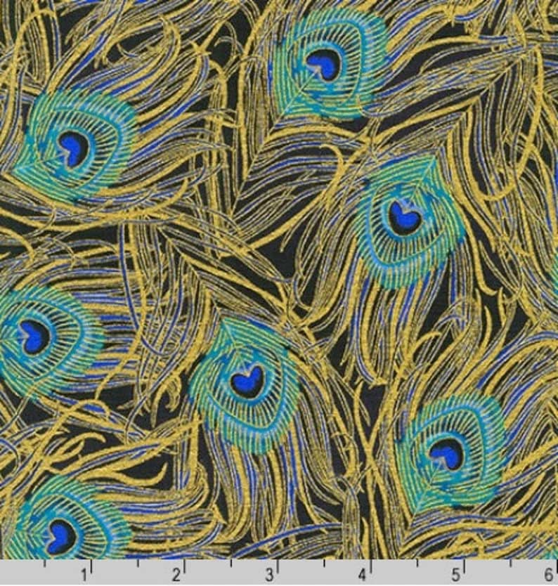 Peacock Garden Collection Cotton Fabric Feathers Opal With Gold ...