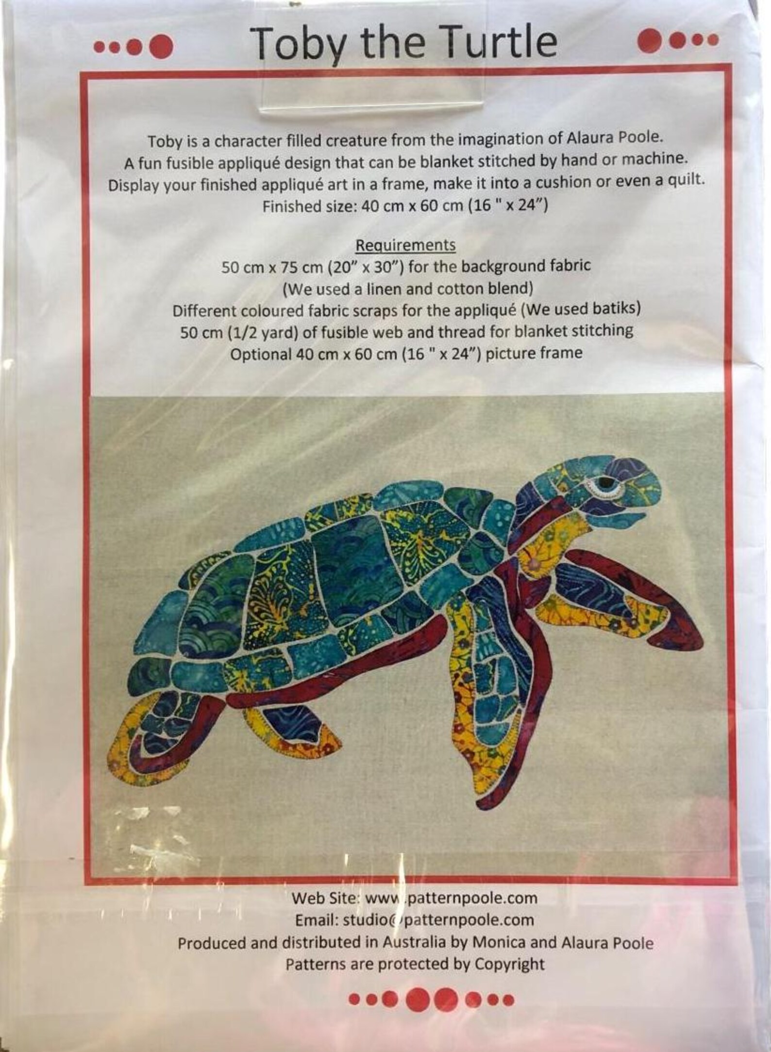 Toby the Turtle Fusible Applique Design Pattern 16 X 24 (40cm X 60cm ...