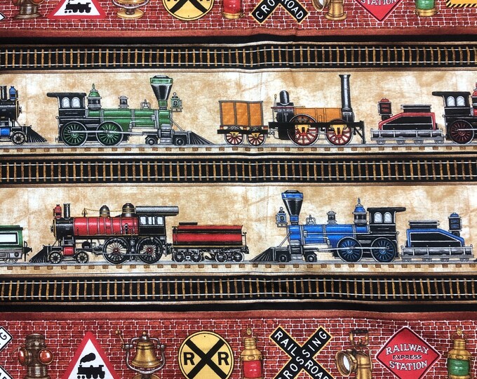 Just Train Crazy Cotton Fabric Locomotive Train Cars Railroad Signage ...