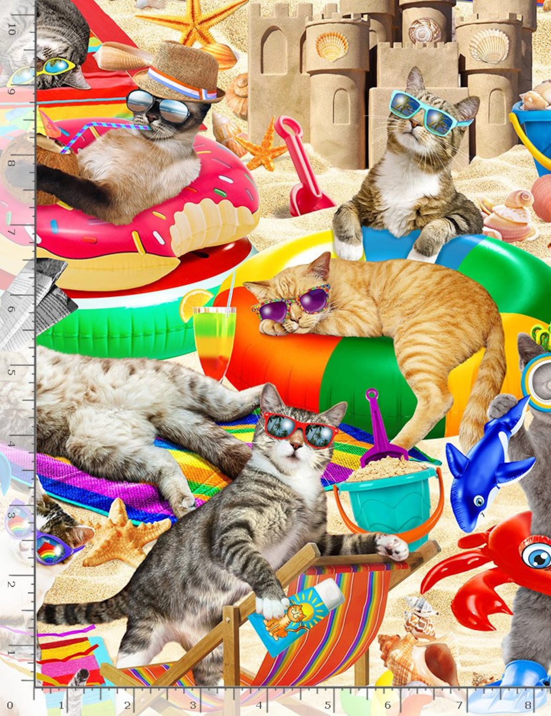 Cat Lady Collection Cats Chilling on Beach Digital Cotton Fabric ...