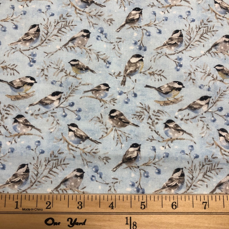 Woodland Frost Chickadees on Blue 100% Cotton Woven Fabric Designer ...