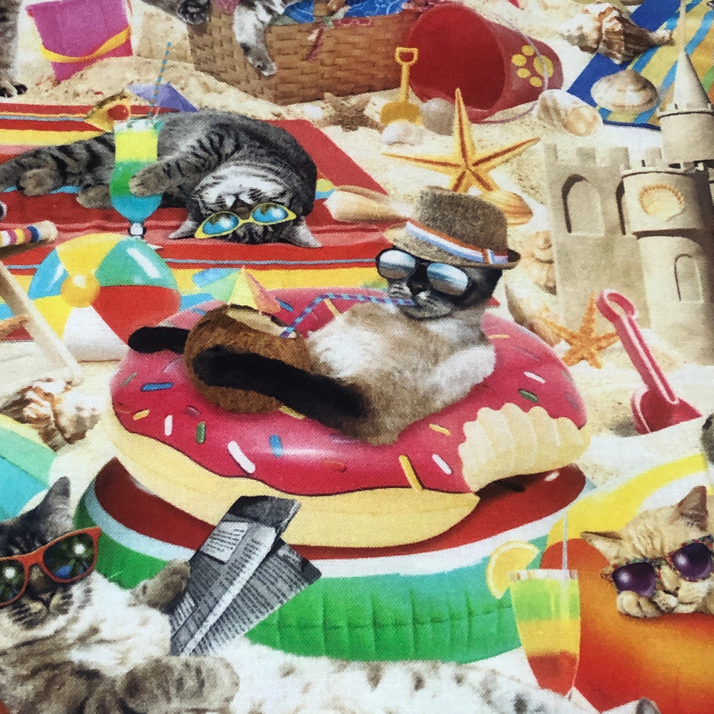 Cat Lady Collection Cats Chilling on Beach Digital Cotton Fabric ...