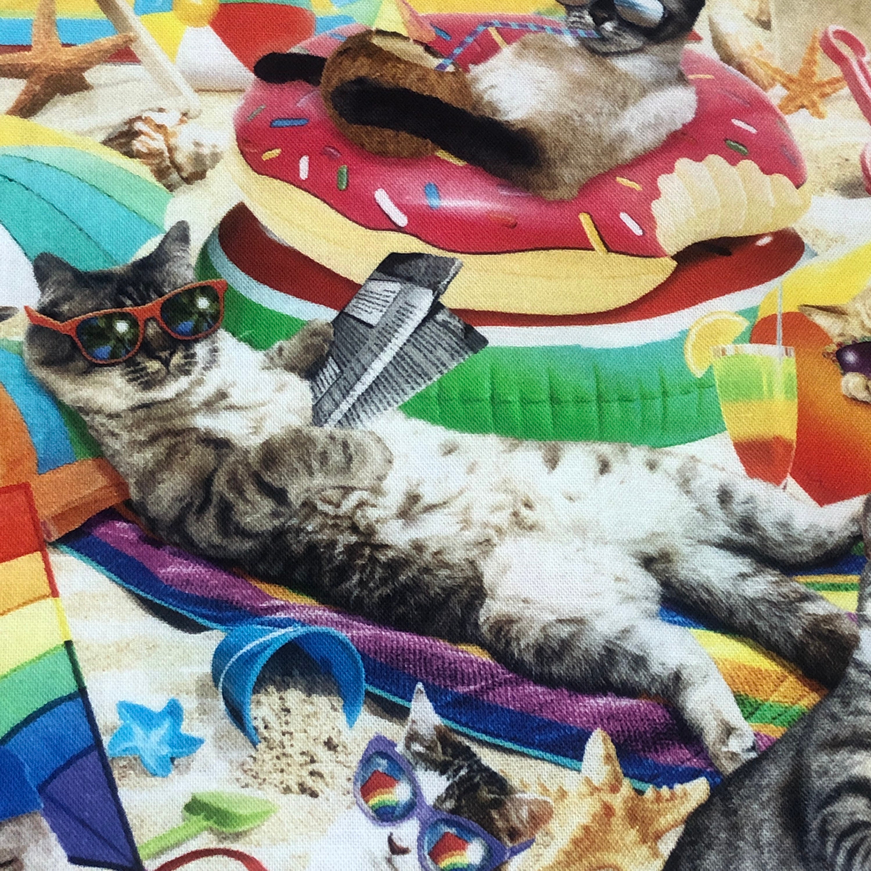 Cat Lady Collection Cats Chilling on Beach Digital Cotton Fabric ...