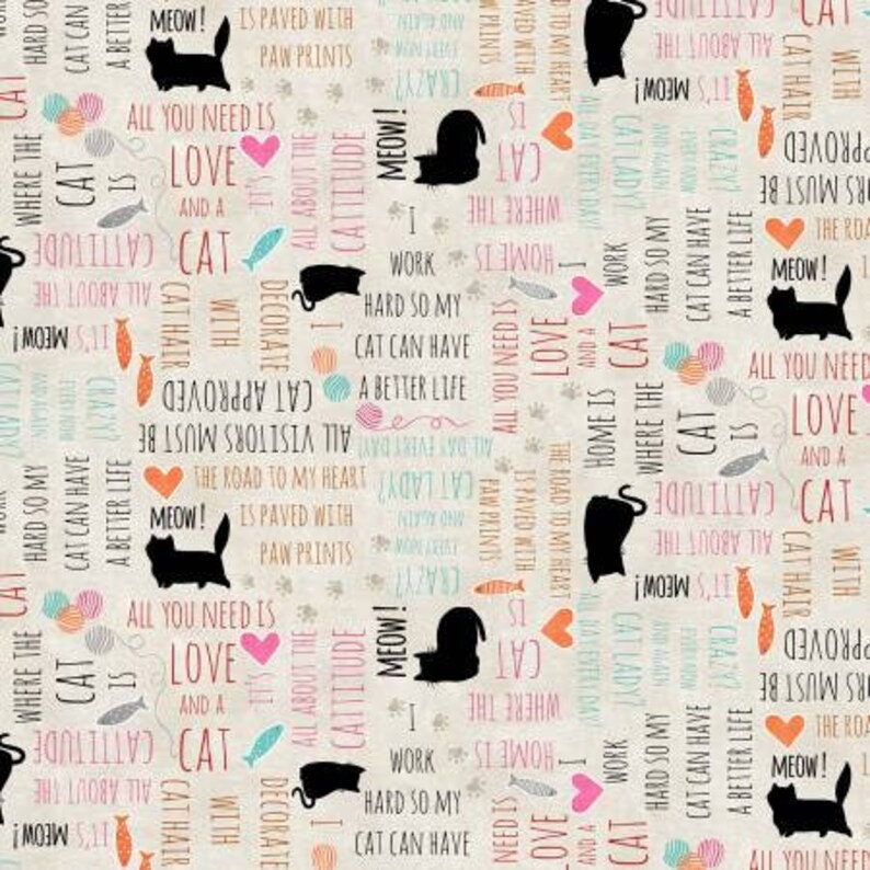 Purrfect Partners Cat Word Toss Cream Wilmington Prints 68562-198 BTY ...