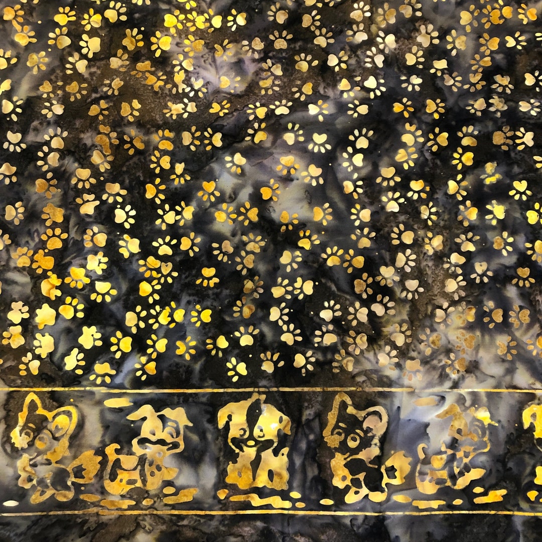 Paw Prints and Puppy Dog Border Batik Brown and Yellow Retired Rare BTY ...