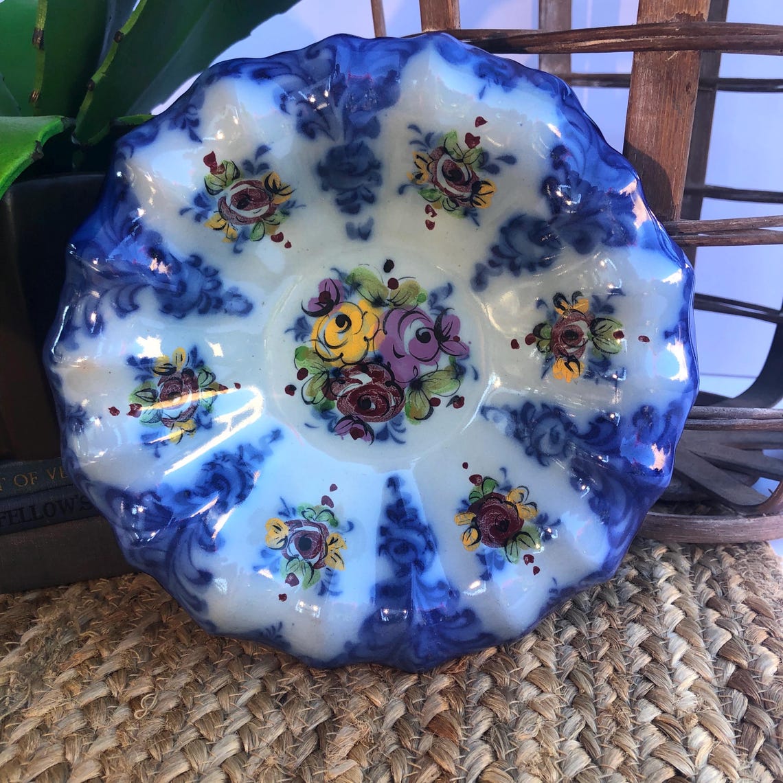 Vestal Alcobaca Portugal Pottery 8” Blue Bowl Hand Painted Flowers ...