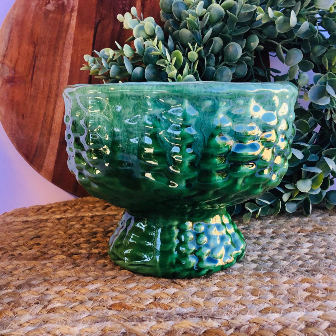 Vintage UPCO Ungemach Pottery USA Green Drip Glaze Basketweave Pedestal ...