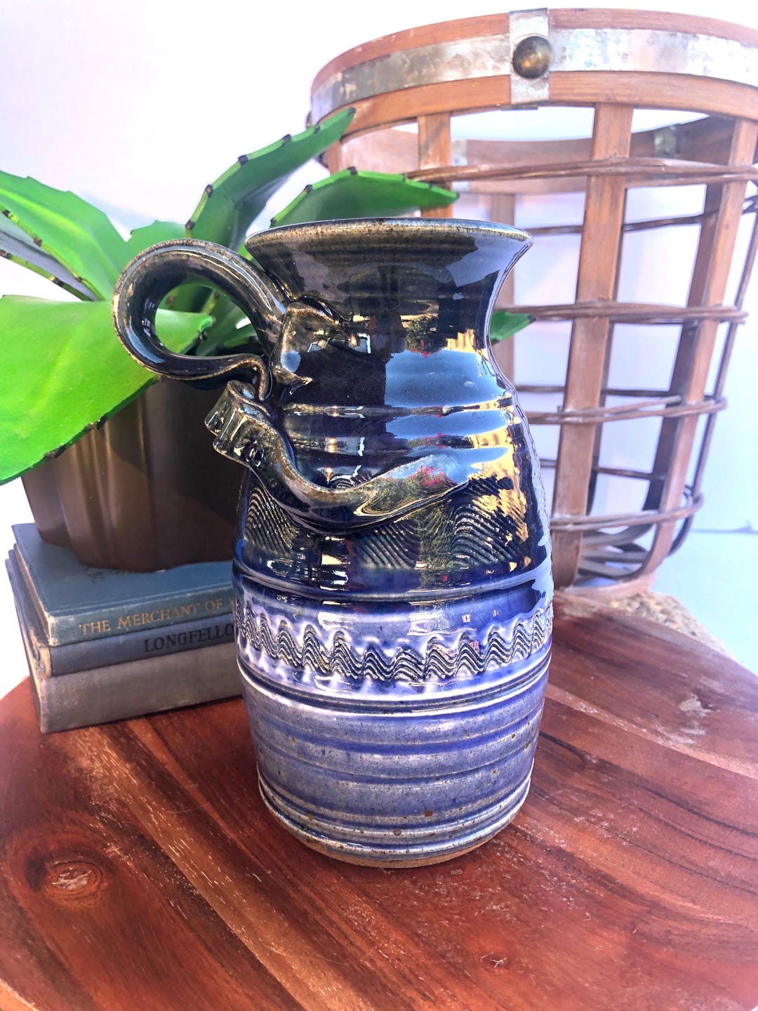 ROBERT BEHR Signed Art Pottery Navy Blue Abstract Water Wine Jug ...
