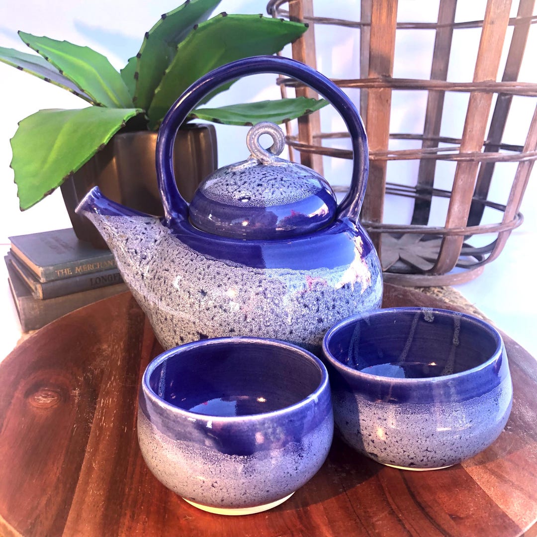 Leola Alaska Artesian Art Pottery Tea Pot and 2 Cup Set Cobalt Blue ...