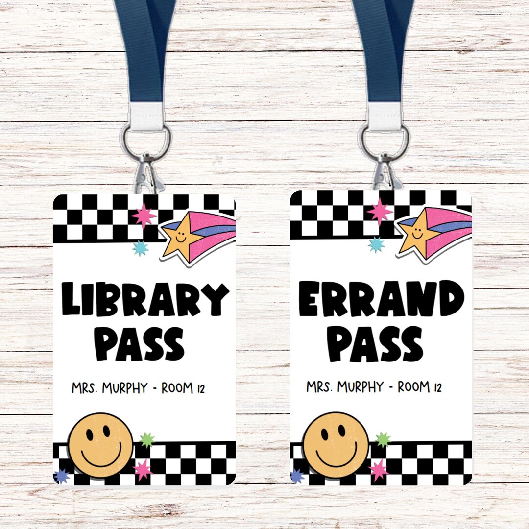 Custom Classroom Hall Passes – Checkerboard Smiley Face Theme, Double ...