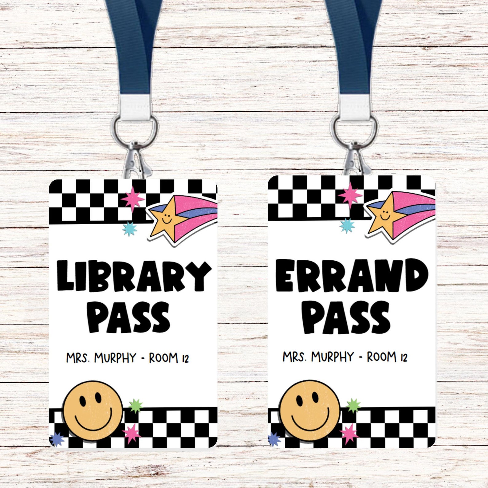 Custom Classroom Hall Passes – Checkerboard Smiley Face Theme, Double ...