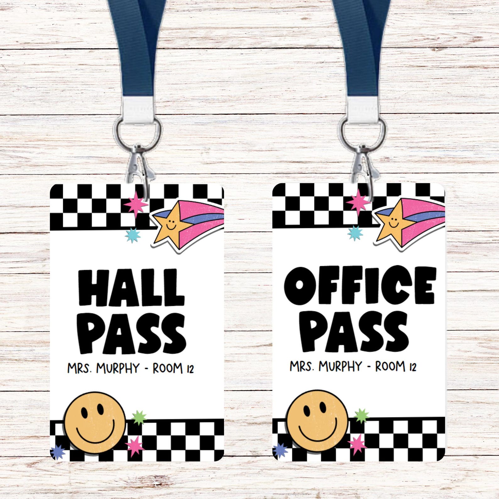 Custom Classroom Hall Passes – Checkerboard Smiley Face Theme, Double ...