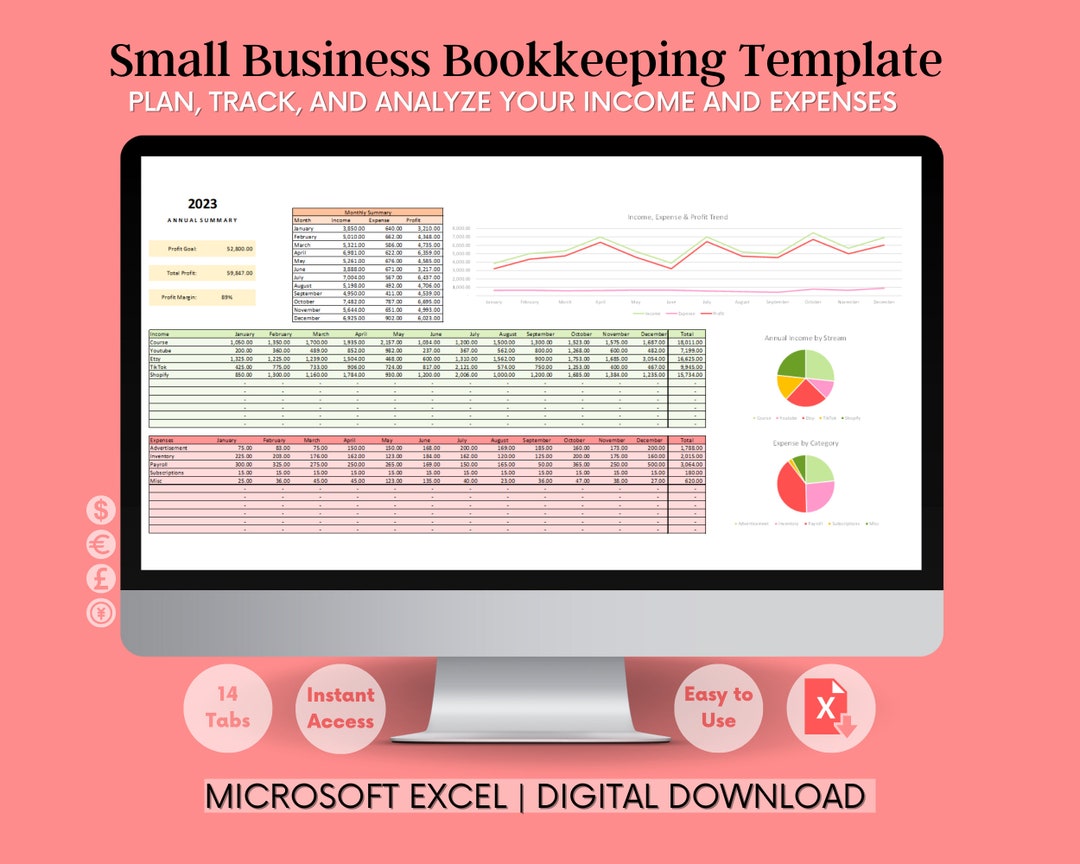 Small Business Bookkeeping Excel Template - Business Expense Tracker ...