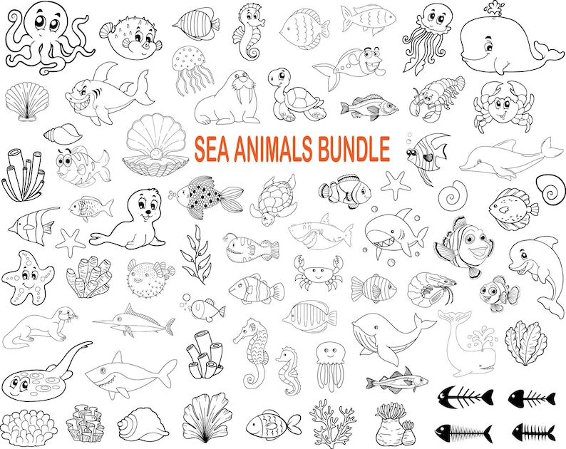 Sea Animal Doodle Svg Bundle Cricut Baby Turtle Silhouette Ocean Fish ...