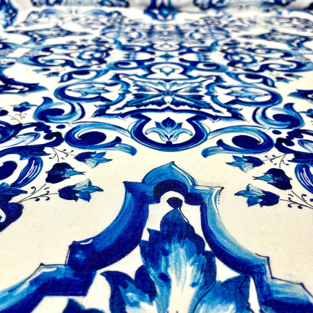 Italian Design Linen Fabric: Blue Tile Print, Summer Clothing, Drapery ...