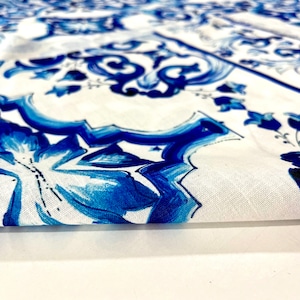 Italian Design Linen Fabric: Blue Tile Print, Summer Clothing, Drapery ...