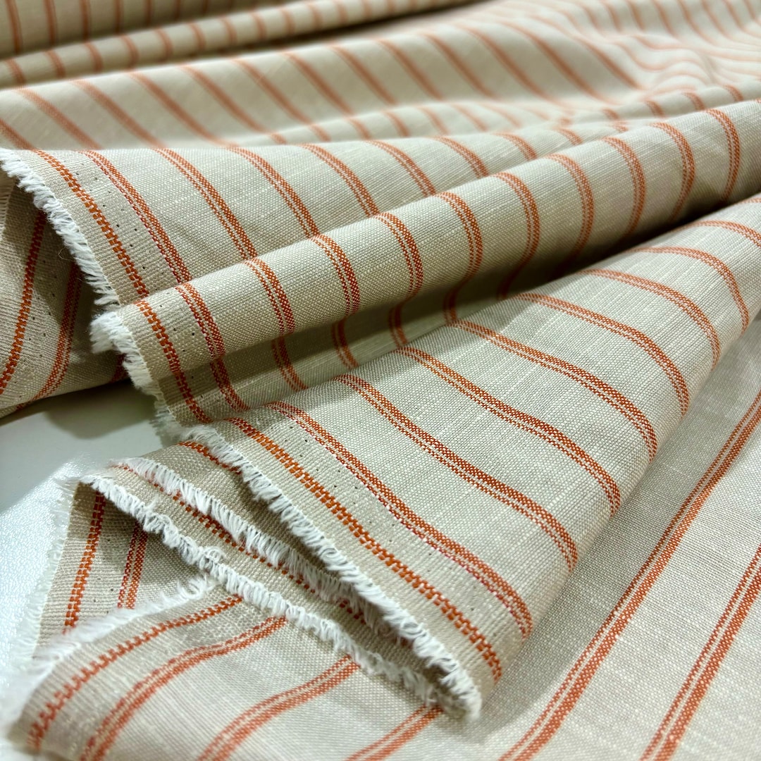 Terracotta Striped Linen Fabric in Beige Color, Linen Striped Dress ...