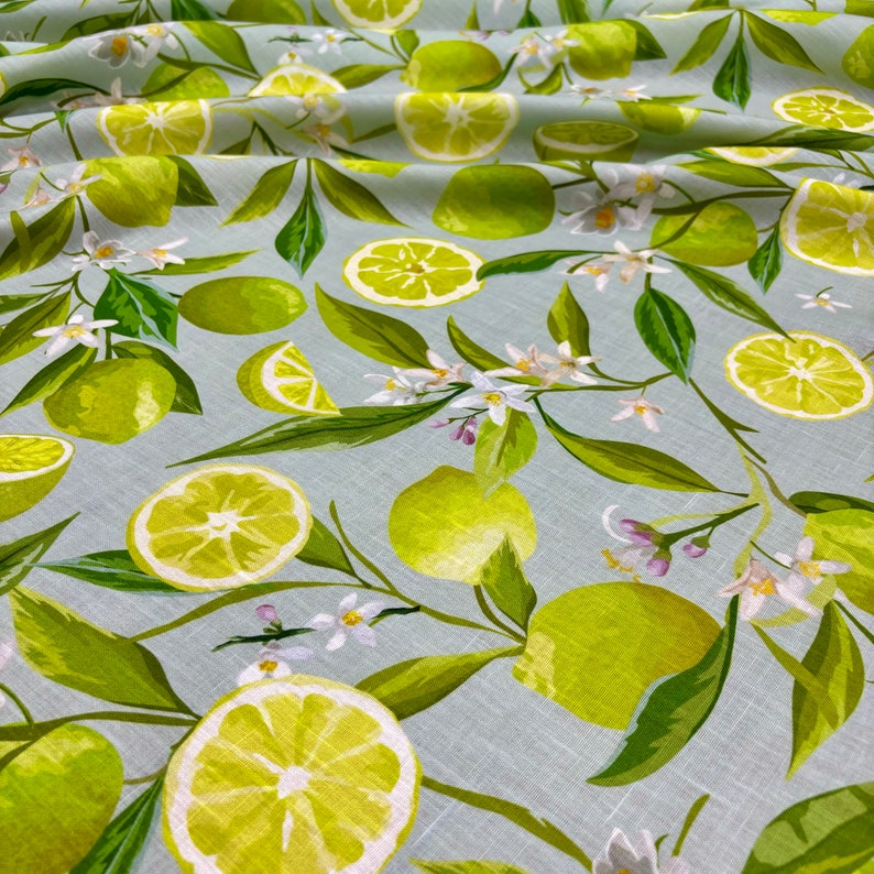 Green Lemon Pattern Linen Fabric: Italian Design Clothing Fabric (150cm ...