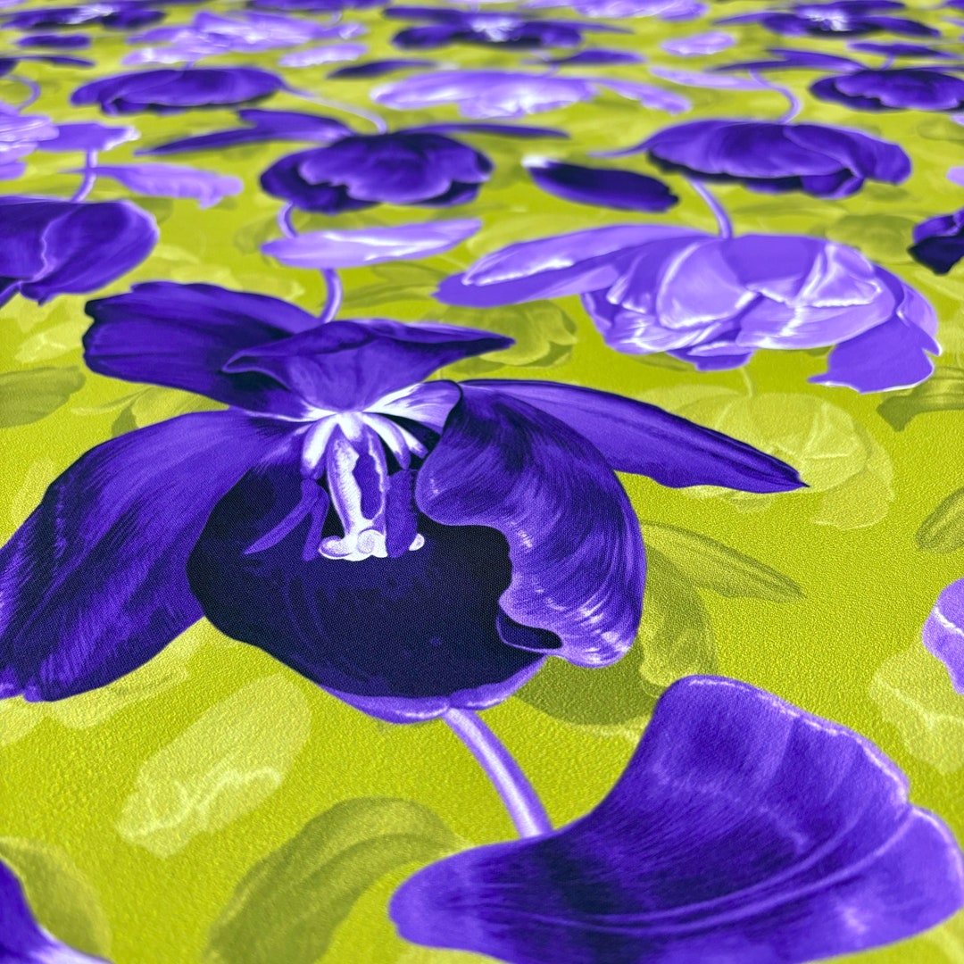 Purple Orchid Pattern Italian Design Crepe Fabric, Crepe-satin-chiffon ...