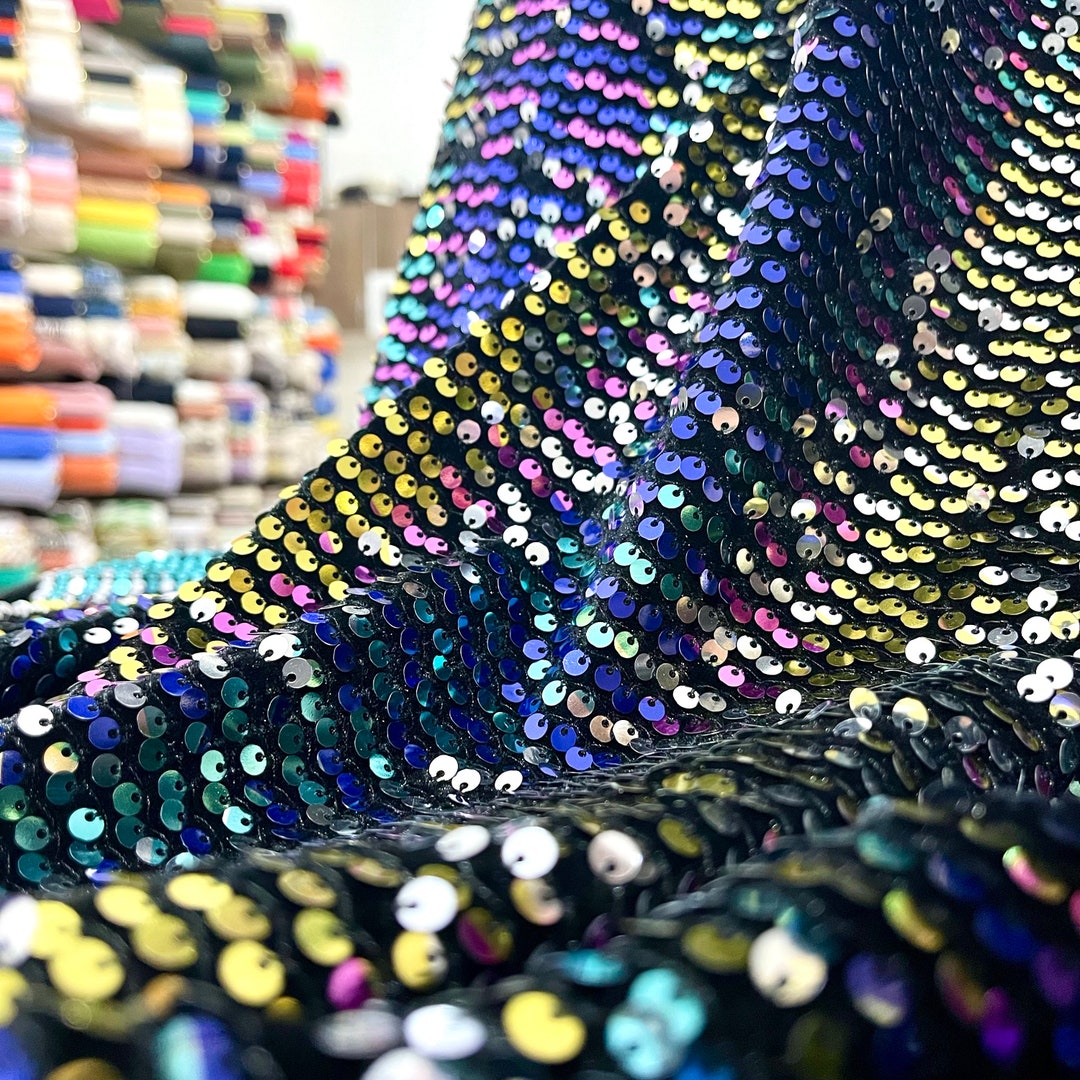 Stretch Colored Sequin Fabric on Black Velvet, Fabric for Party Dress ...