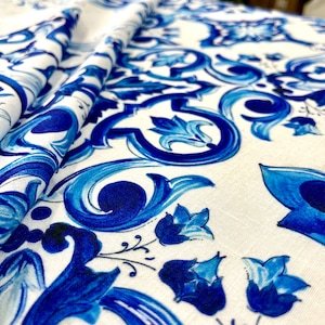 Italian Design Linen Fabric: Blue Tile Print, Summer Clothing, Drapery ...