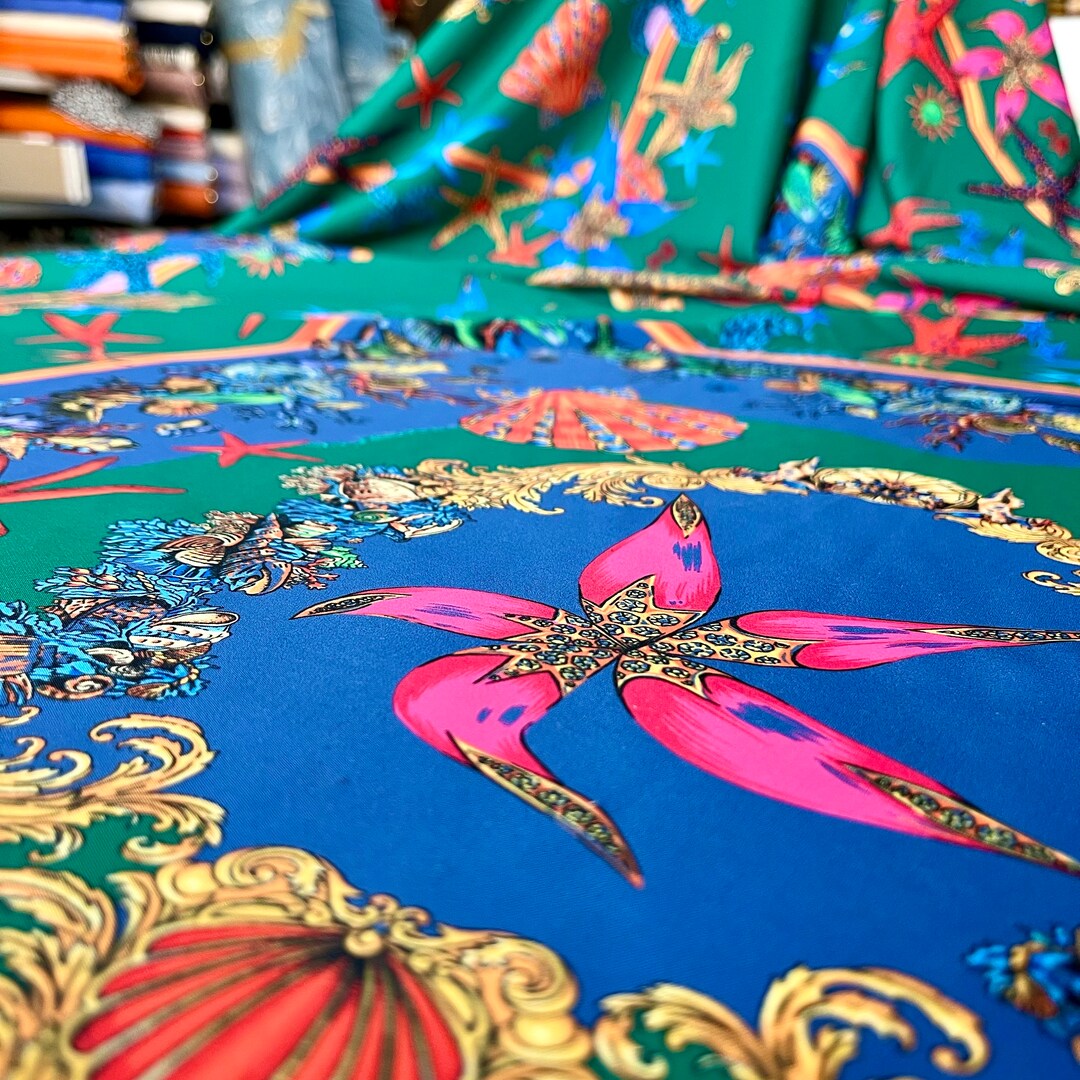Italian Design Fabric, Luxury Crepe Fabric With Starfish Pattern, Crepe ...